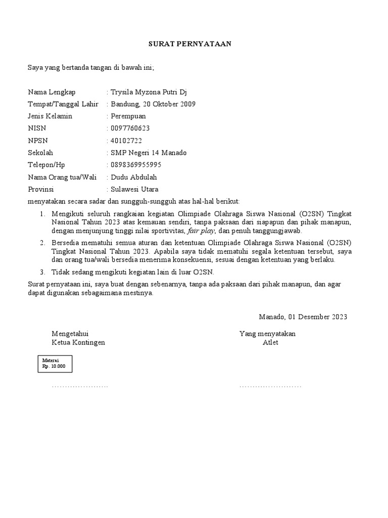 Surat Pernyataan Ketentuan Komitmen o2sn Smpn 14 Manado | PDF