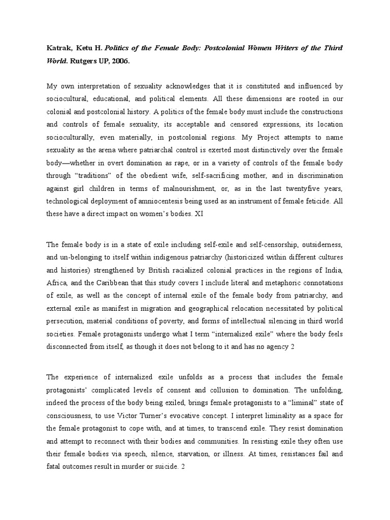 Katrak Politics of The Female Body Postcolonial Women Writers of The ...
