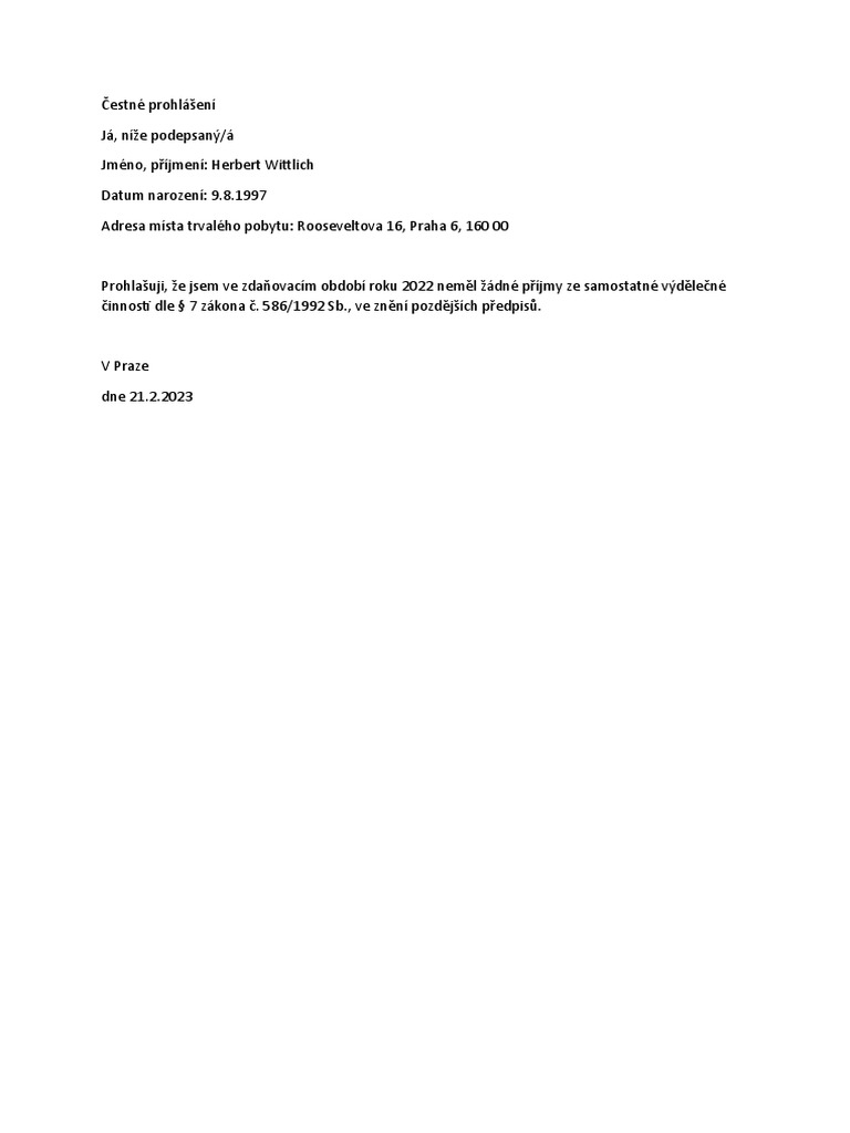 Čestné Prohlášení | PDF
