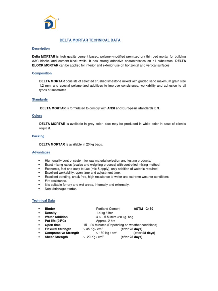 Delta Mortar Technical Data Sheet | PDF | Mortar (Masonry) | Cement