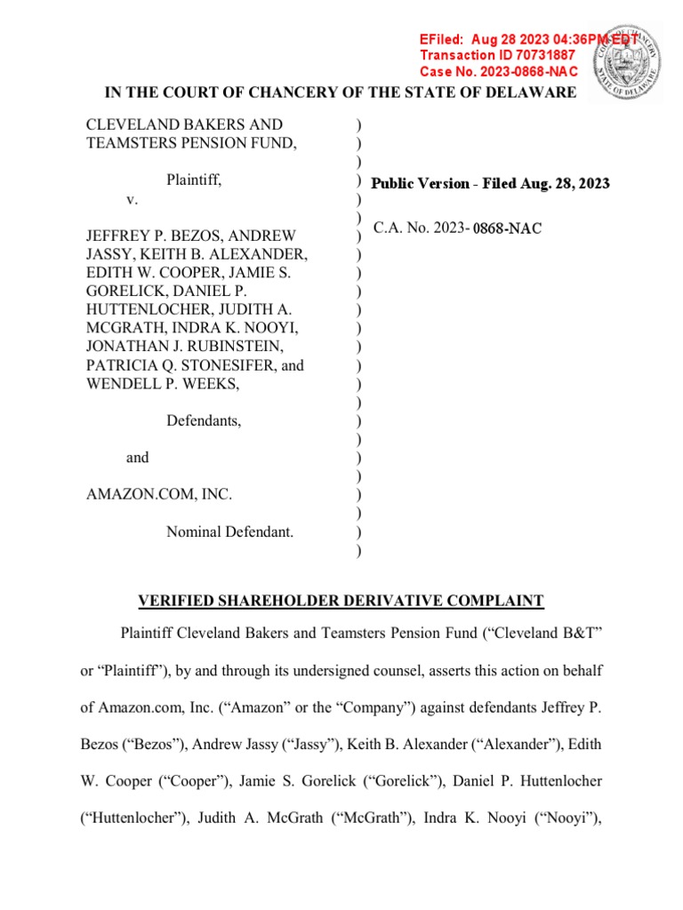 2023-08-28 (Public) Verified Shareholder Derivative Complaint | PDF ...