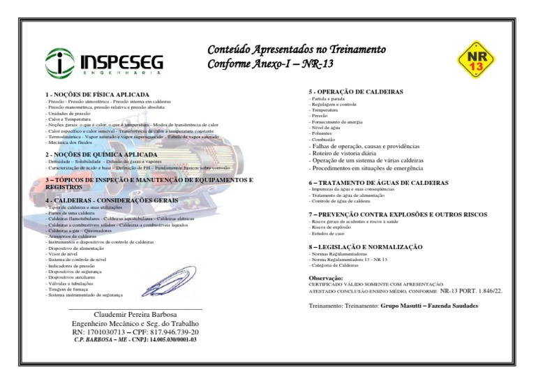 Certificado - Verso - Treinamento Caldeira - NR-13 - Masutti | PDF ...