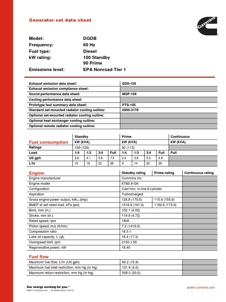 Cummins DGDB 250 kVA Generator Specs | PDF | Engines | Radiator