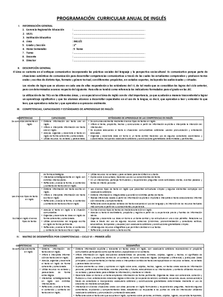 1ro Programacion Anual de Ingles | PDF | Enseñando | Entorno natural