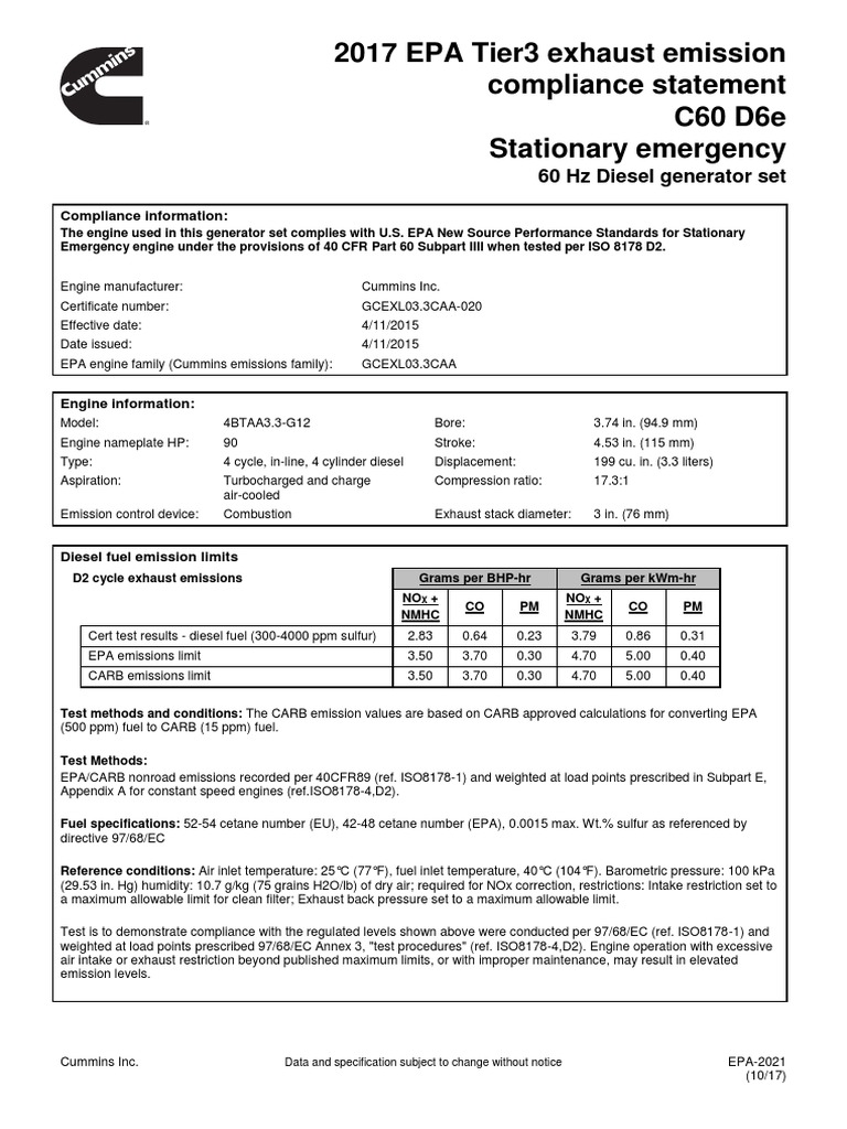 2017 EPA Tier3 Exhaust Emission - C60 | PDF | Exhaust Gas | Diesel Engine