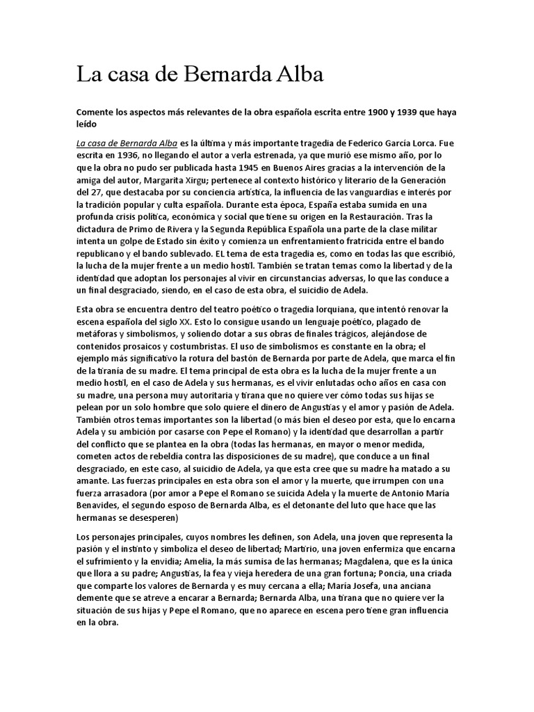 Resumen La Casa de Bernarda Alba | PDF | Federico García Lorca