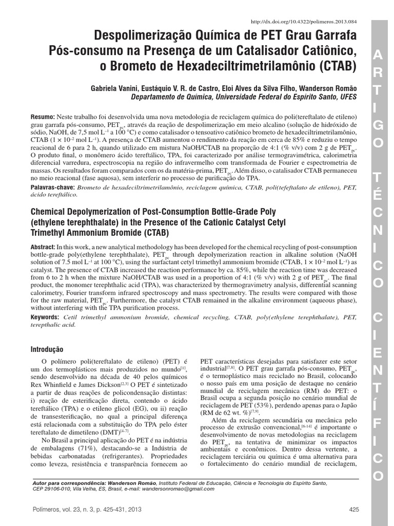 Despolimerização Química de PET com CTAB | PDF | Química | Hidróxido de ...
