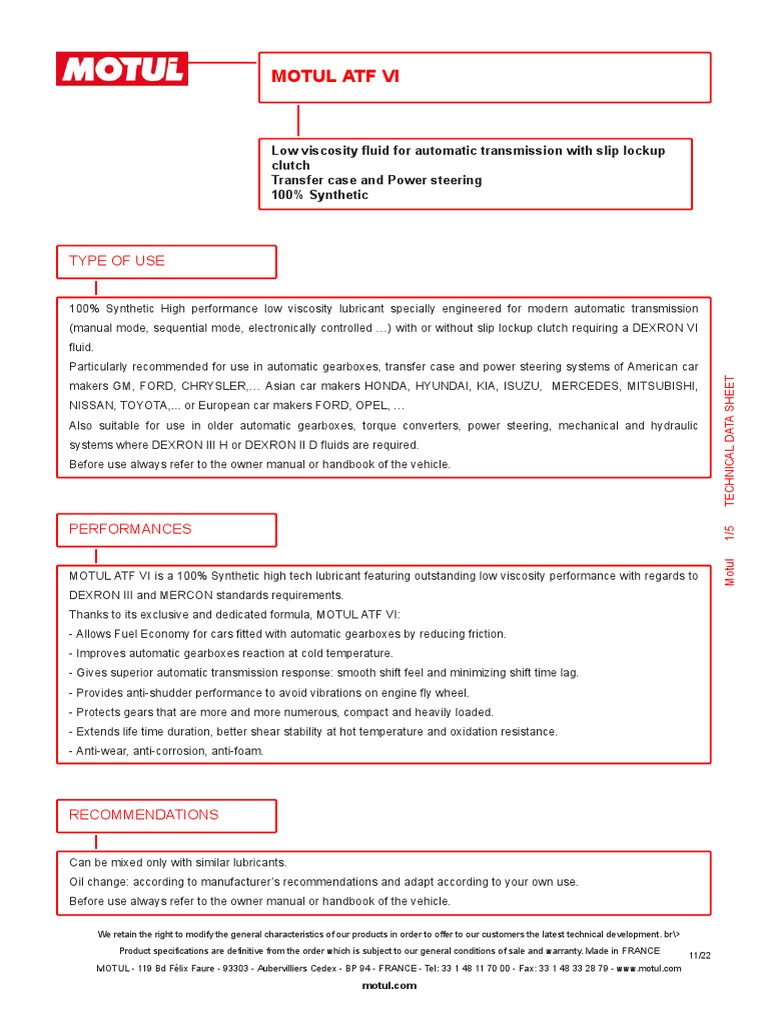 ATF VI en FR Motul 19280 20221103 | PDF | Automatic Transmission | Manual Transmission