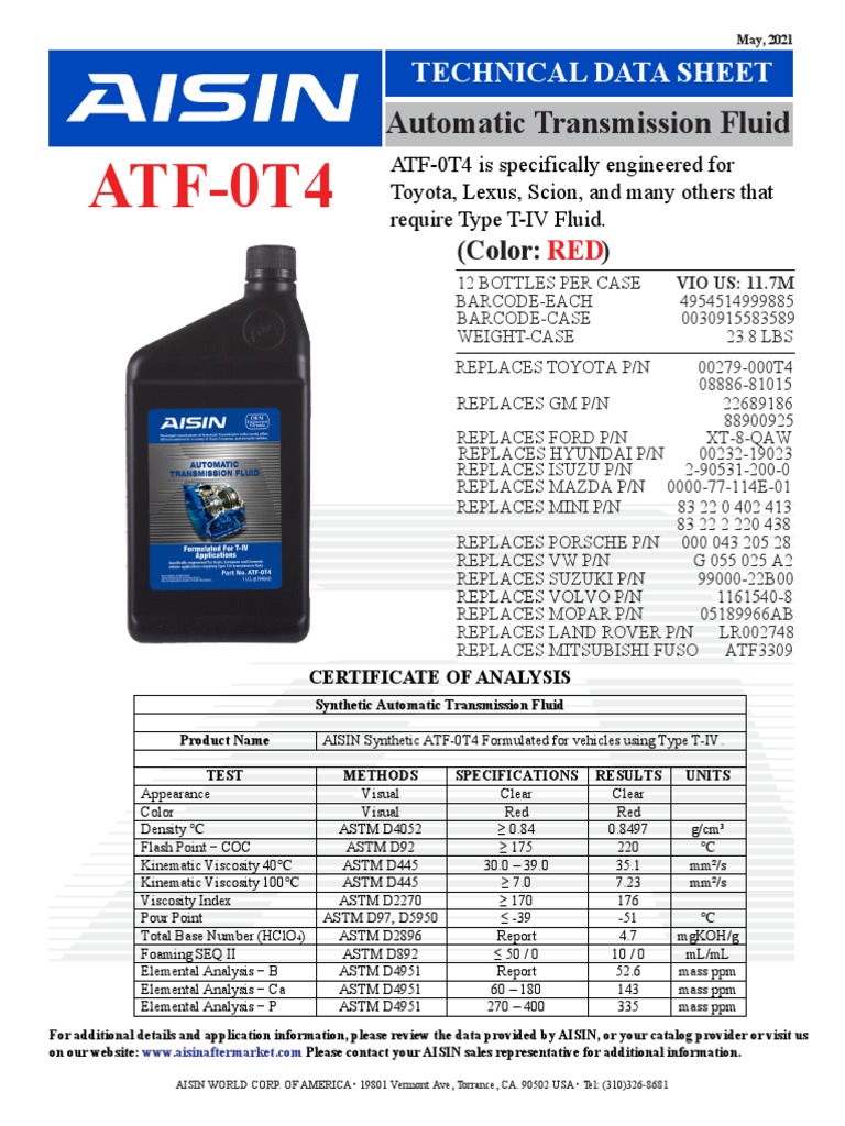 Aisin Atf-0t4 Technical Data | PDF | Transport | Car Manufacturers Of Japan