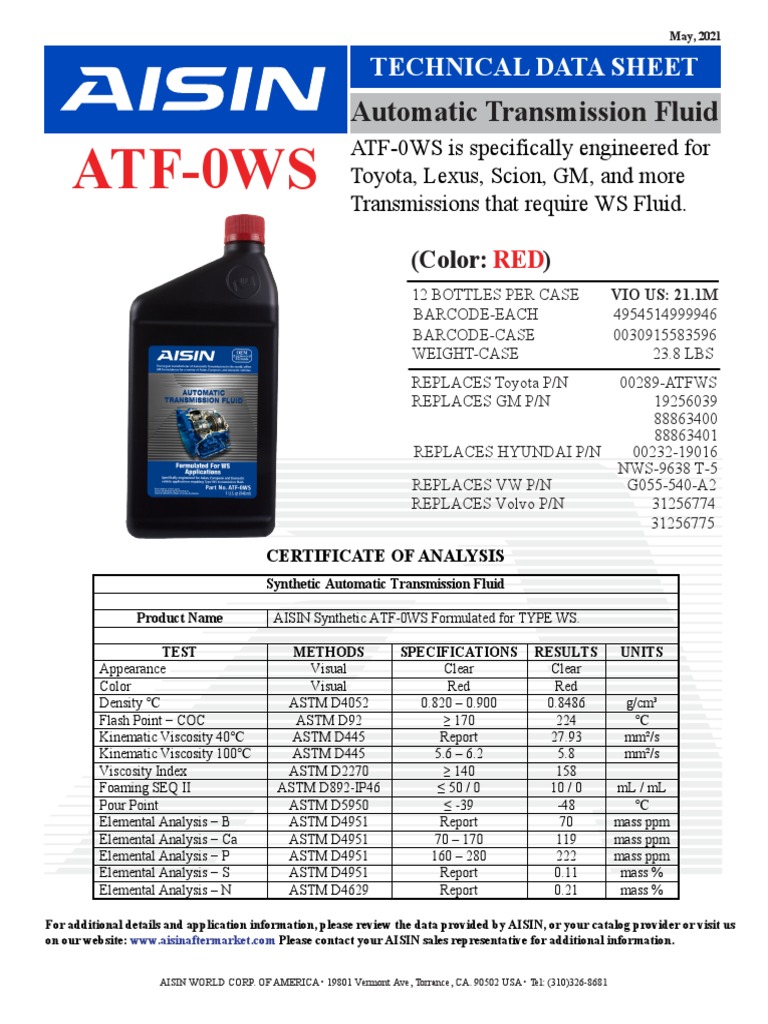 Aisin Atf-0ws Technical Data | PDF | Vehicles | Motor Vehicle