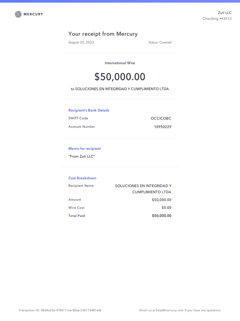 Mercury-Wire-Receipt-2023-08-30-1ef6 USD 5000 COLOMBIA | PDF