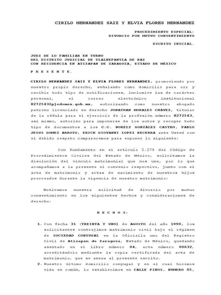 Divorcio Por Mutuo Consentimiento CHS | PDF | Divorcio | Matrimonio