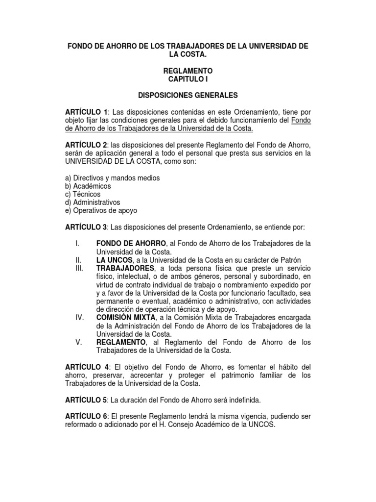 Reglamento Fondo Ahorro UNCOS | PDF | Ahorro | Interés