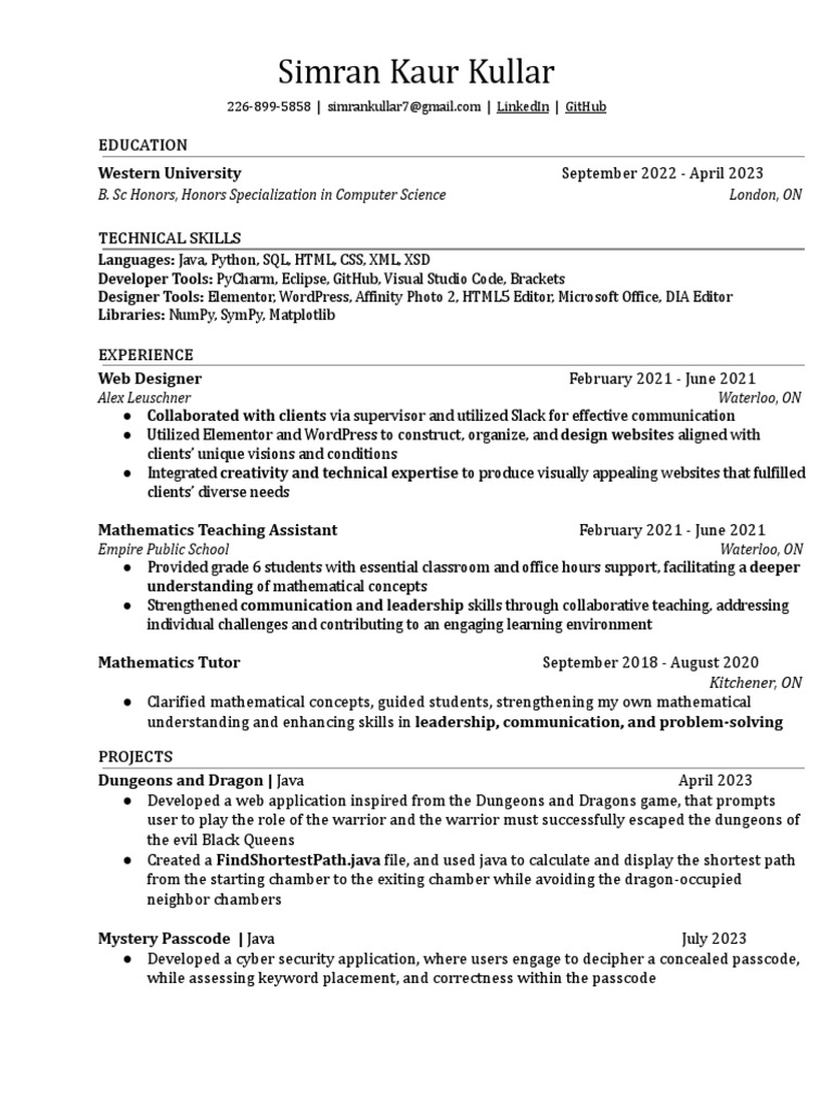 Simran Kaur Kullar: Computer Science Portfolio | PDF | Java ...