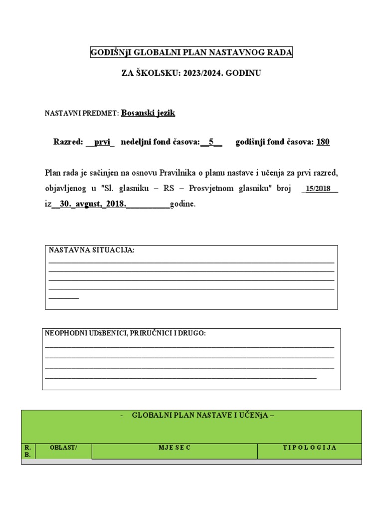 Bosanski Jezik 1 Globalni Plan | PDF