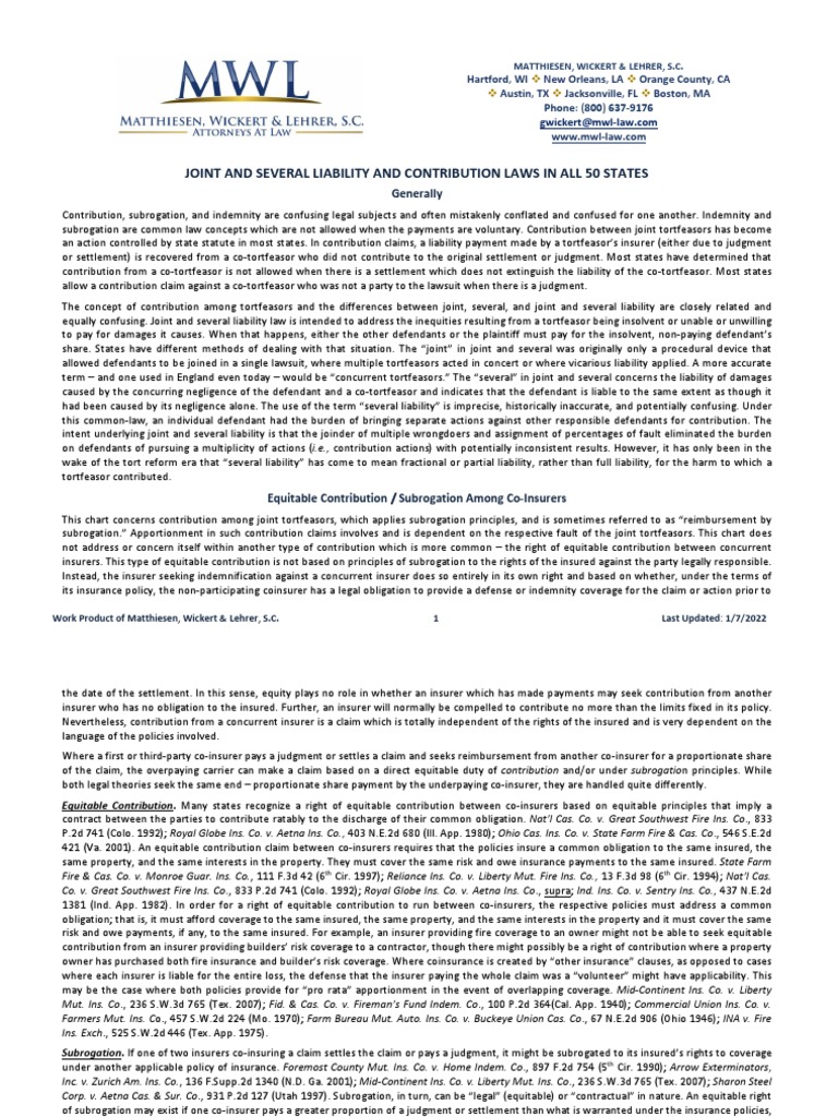 Join and Several Liability and Contribution Laws | PDF | Tort | Joint ...