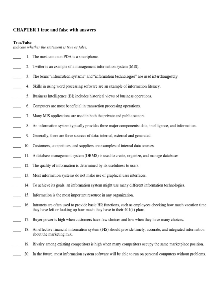 Info Systems True/False Quiz | PDF | Databases | Information