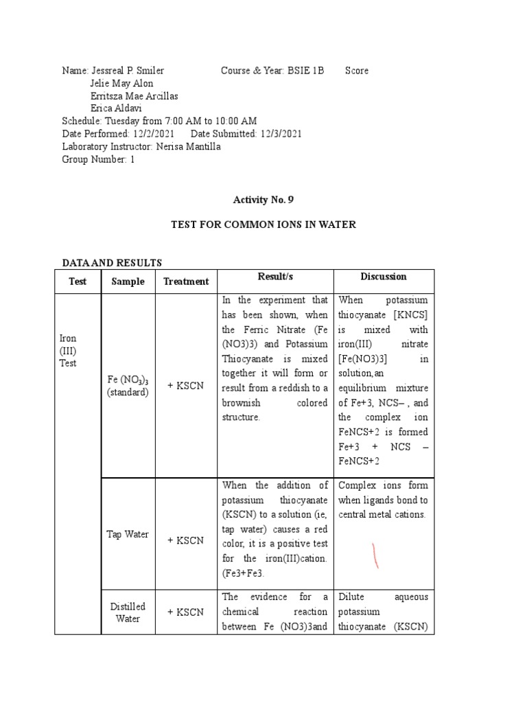 Activity 9 Test For Common Ions in Water Answer Sheet GROUP 1 | PDF ...