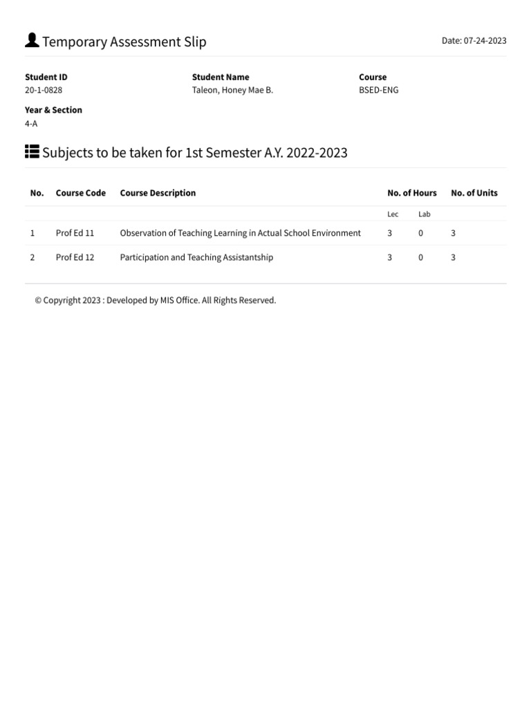 Temporary Assessment Slip for BSED-ENG | PDF