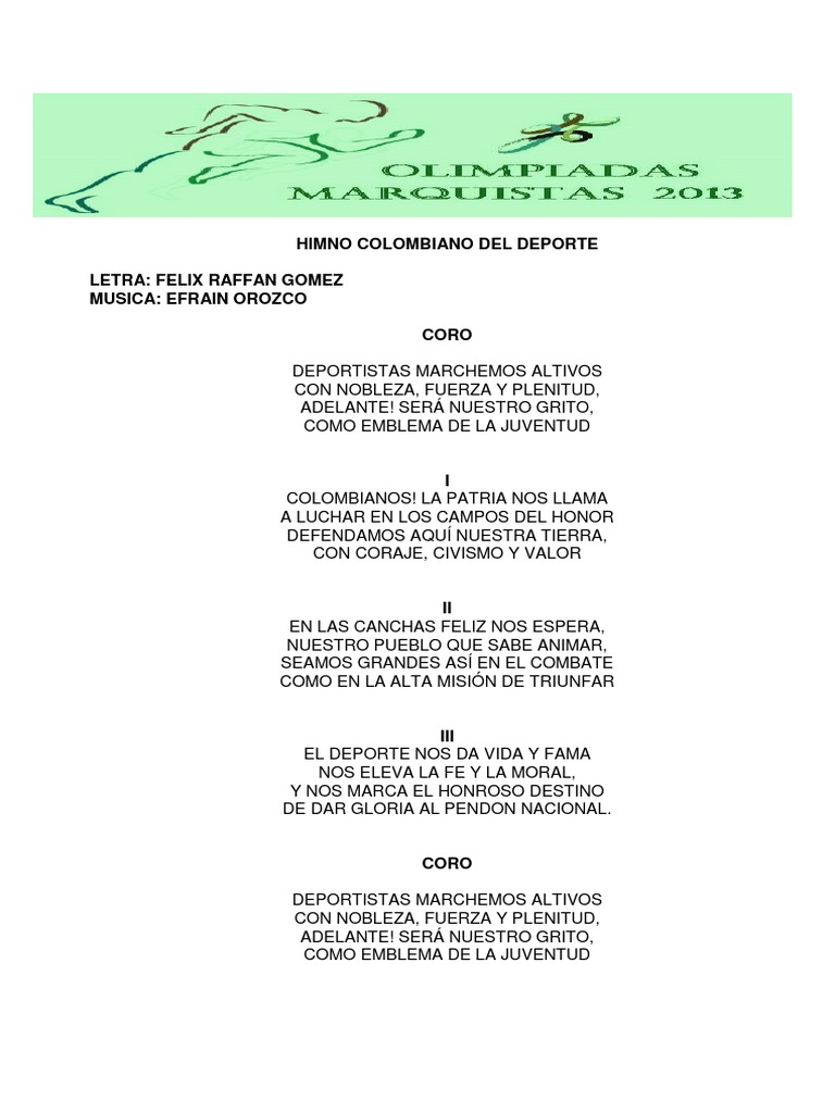 Himno Colombiano Del Deporte | PDF | Deportes y actividades al aire libre