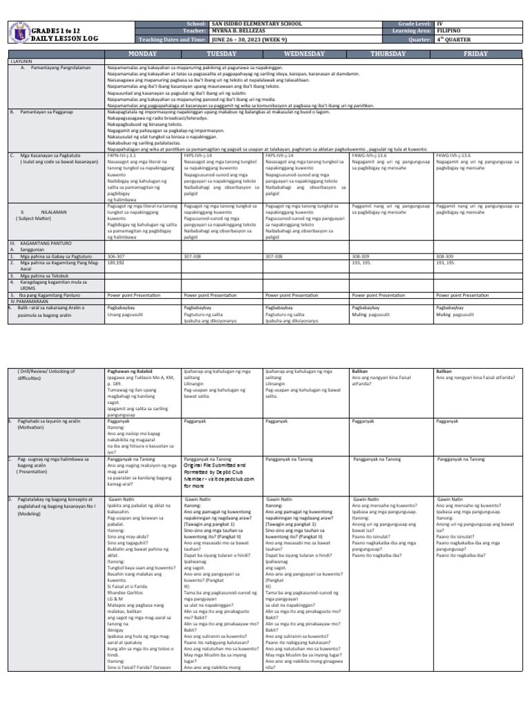 DLL - Filipino 4 - Q4 - W9 | PDF