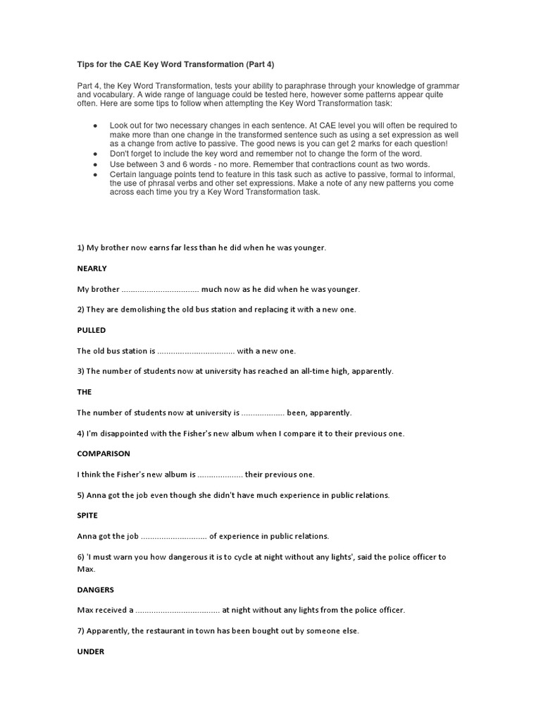 Tips For The CAE Key Word Transformation | PDF | Syntax | Human ...