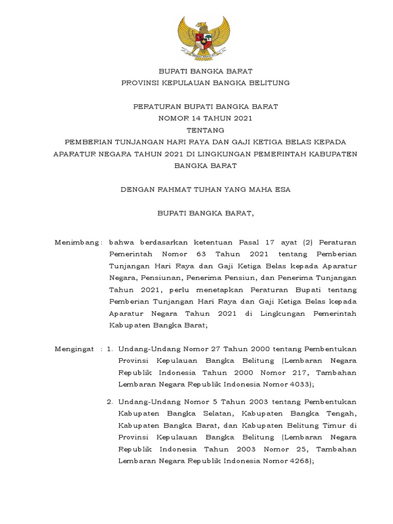 Perbup Nomor 14 Tahun 2021 Tentang Pemberian Tunjangan Hari Raya Dan Gaji 13 Kepada Aparatur ...