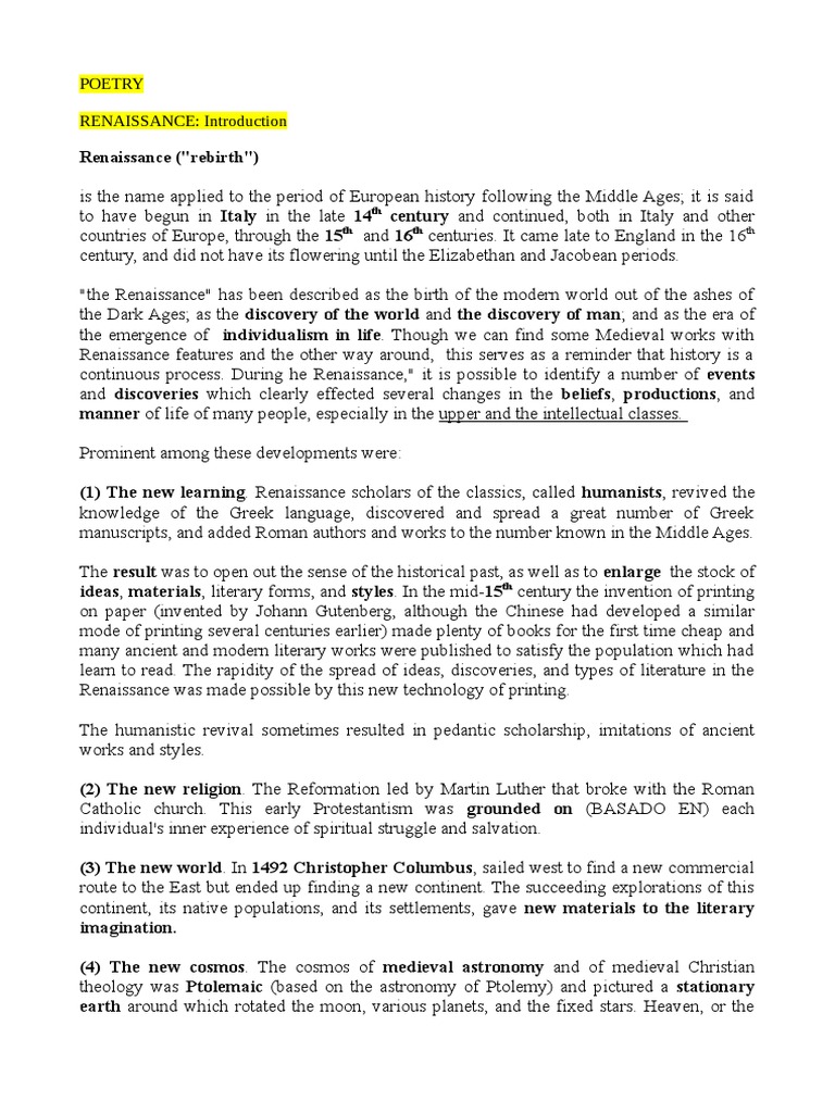 poetry renaissance and poets (2) | PDF | Renaissance | Sonnets