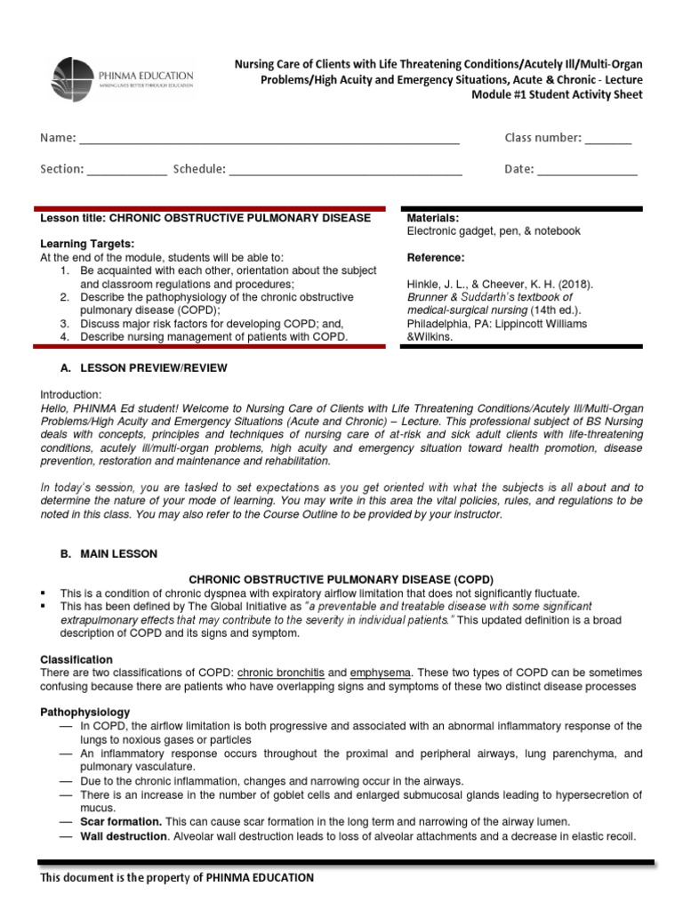 Name: - Section: - Schedule: - Class Number: - Date | PDF | Chronic Obstructive Pulmonary ...