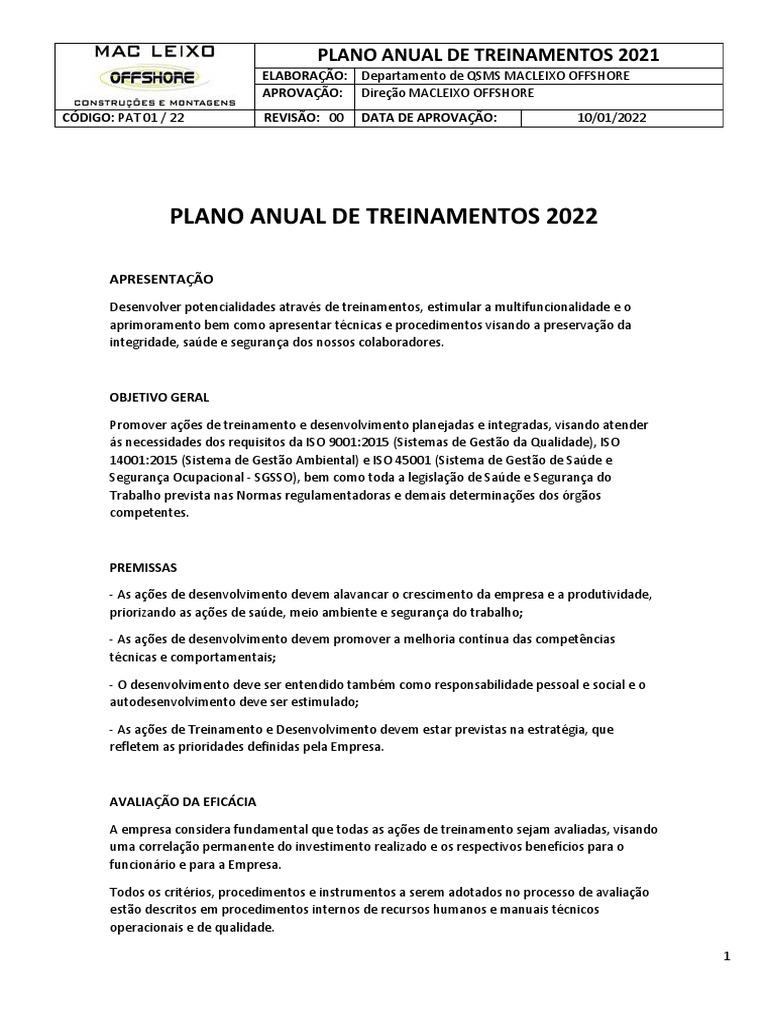 Plano Anual de Treinamento | PDF