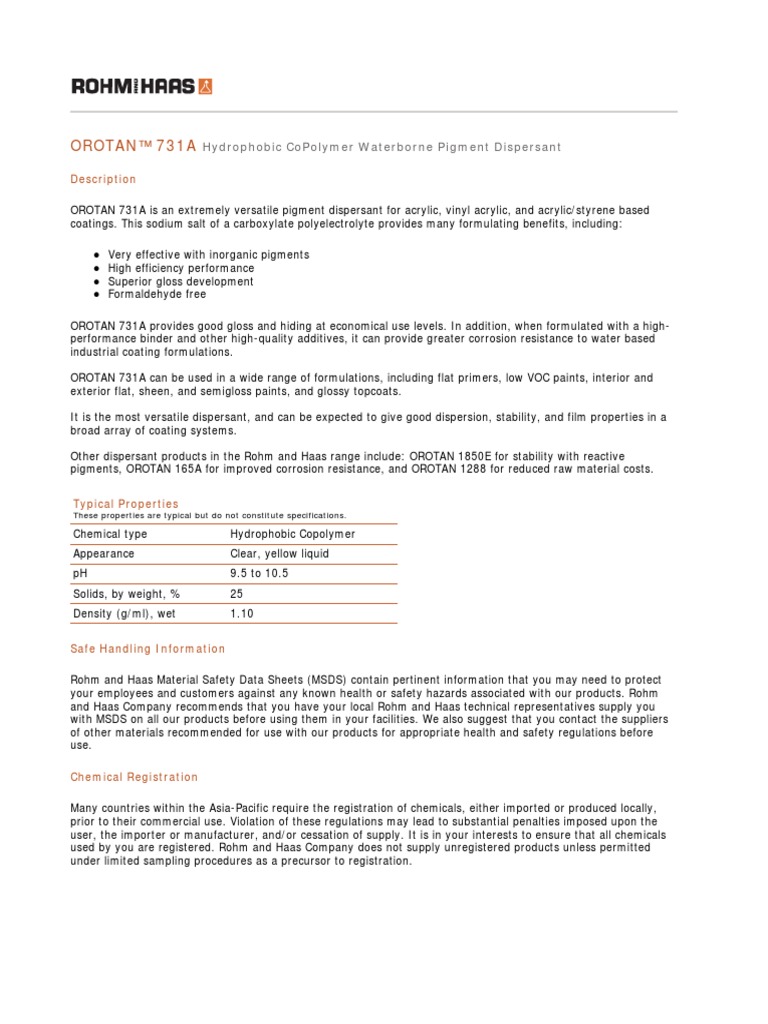 2019-05-16 MSDS Orotan 731a (Rohm Haas) | PDF | Paint | Poly(Methyl Methacrylate)