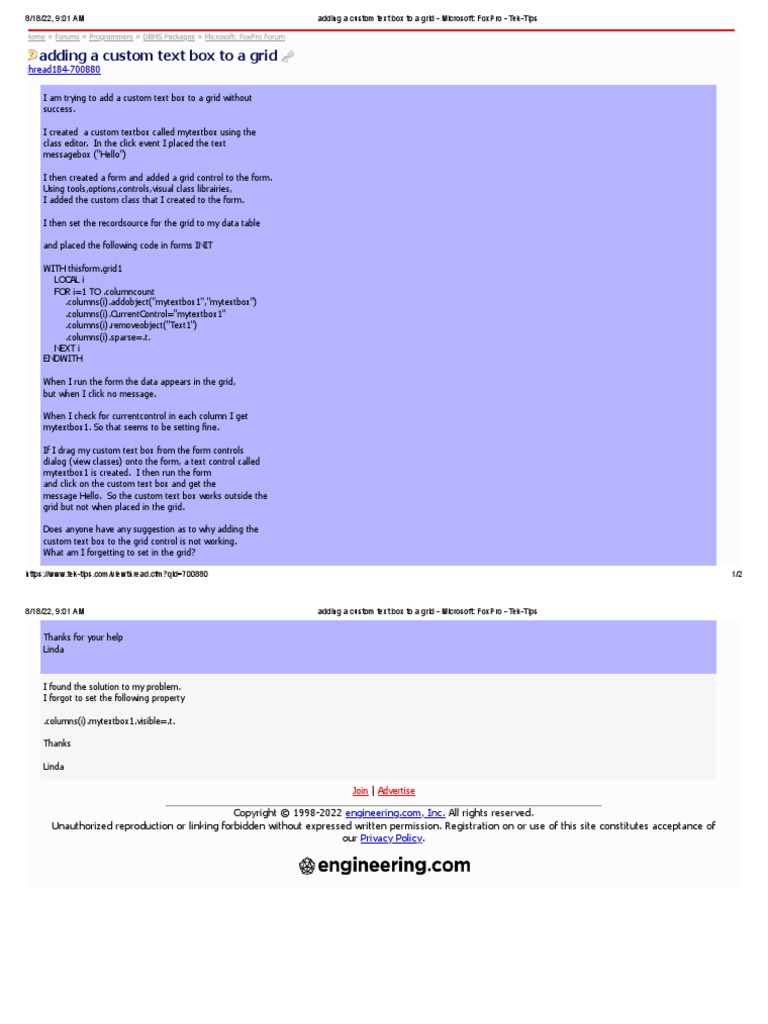 Adding A Custom Text Box To A Grid - Microsoft - FoxPro - Tek-Tips | Download Free PDF ...