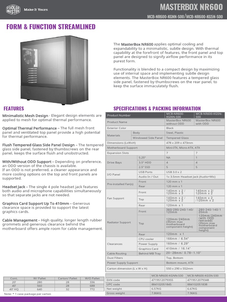 MasterBox NR600 Product Sheet | PDF | Computer Science | Office Equipment