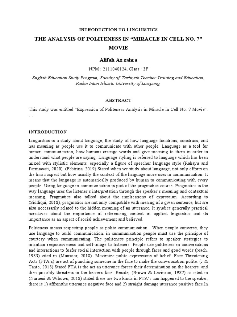 Analisys Politeness in Micn 7 - Alifah Az Zahra | PDF | Linguistics | Actor