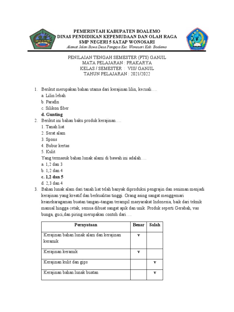 Soal PTS Akm Prakarya Ganjil 8 | PDF