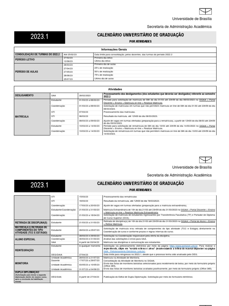 Calendário Acadêmico 2023.1 UnB | PDF