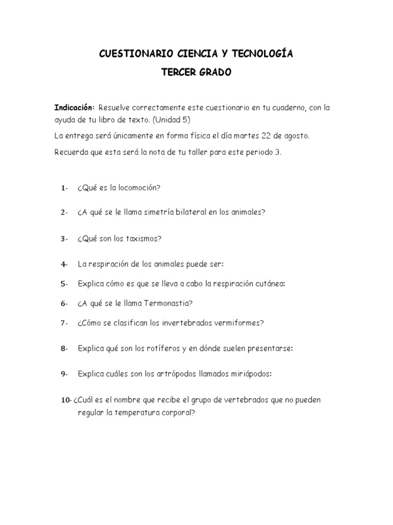 Cuestionario De Ciencia 3er Grado P 3 Pdf