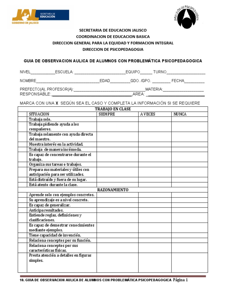 10 Formato Guia de Observacion Aulica de Alumnos Con Problemática Psicopedagogica | PDF ...