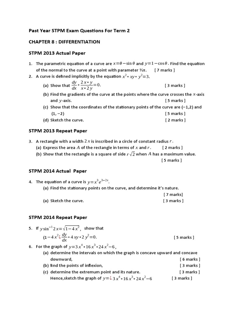 STPM Differentiation Exam Questions | PDF | Equations | Curve