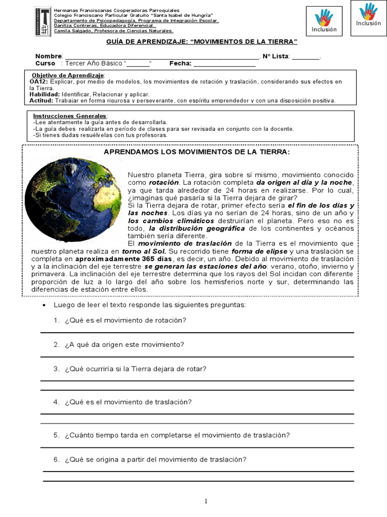 Guia de Aprendizaje Movimientos de La Tierra | PDF | Tierra
