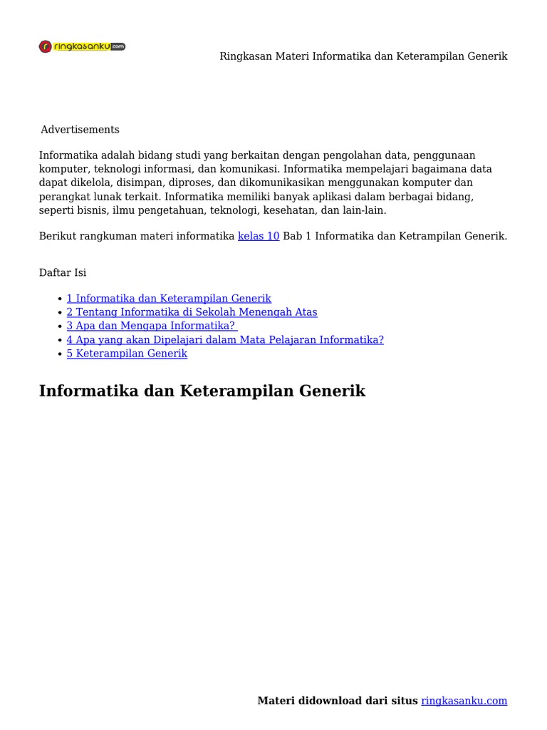 Ringkasan Materi Informatika Dan Keterampilan Generik | PDF | Komputer