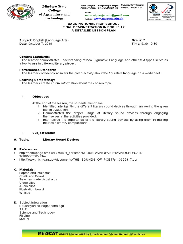 English 7 Lesson Plan: Sound Devices | PDF
