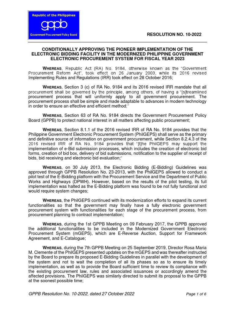 GPPB Resolution No. 10 2022 | PDF | Procurement | Government