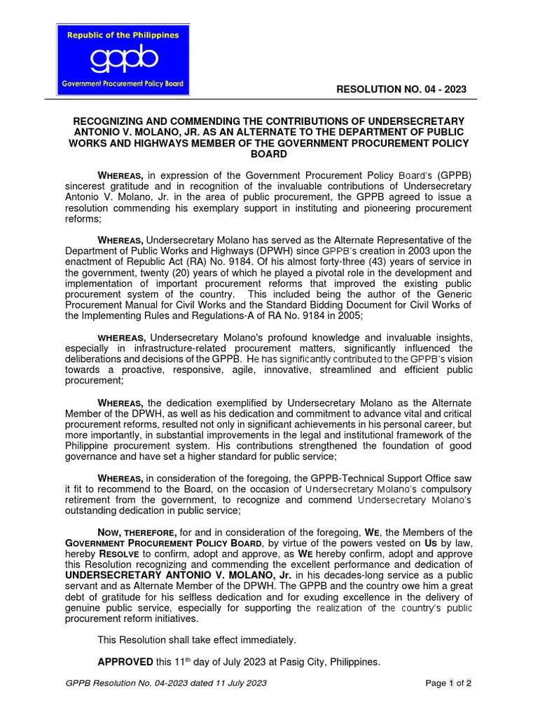 GPPB Resolution No. 04 2023 | PDF | Procurement | Governance