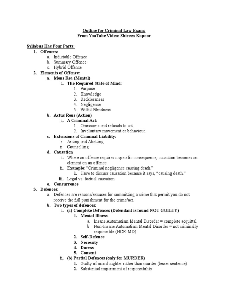 Short Outline For Criminal Law Exam | PDF | Mens Rea | Crimes
