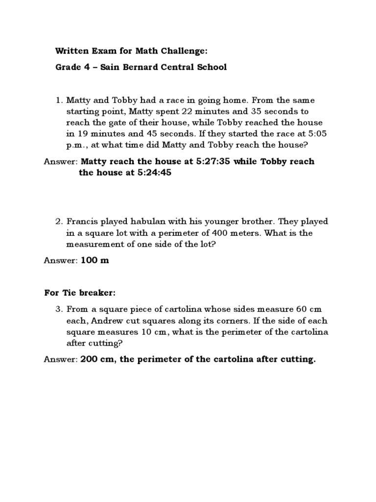Written Exam For Math Challenge | PDF
