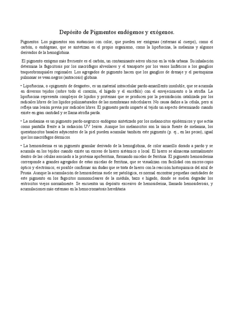 Depósito de Pigmentos Endógenos y Exógenos | PDF | Biología | Medicina ...