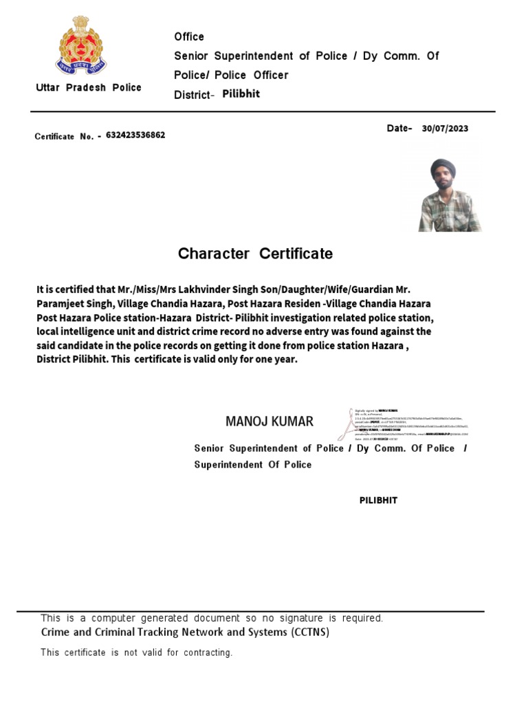 UP Police Character Certificate 2023 | PDF