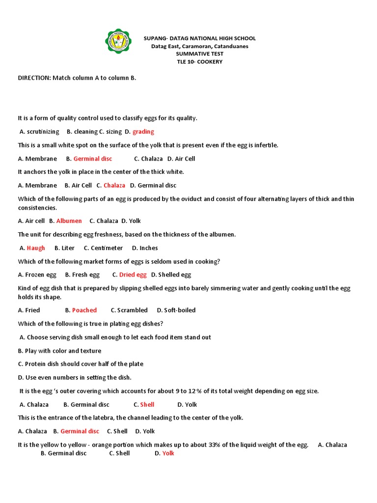 Egg Summative Test | PDF
