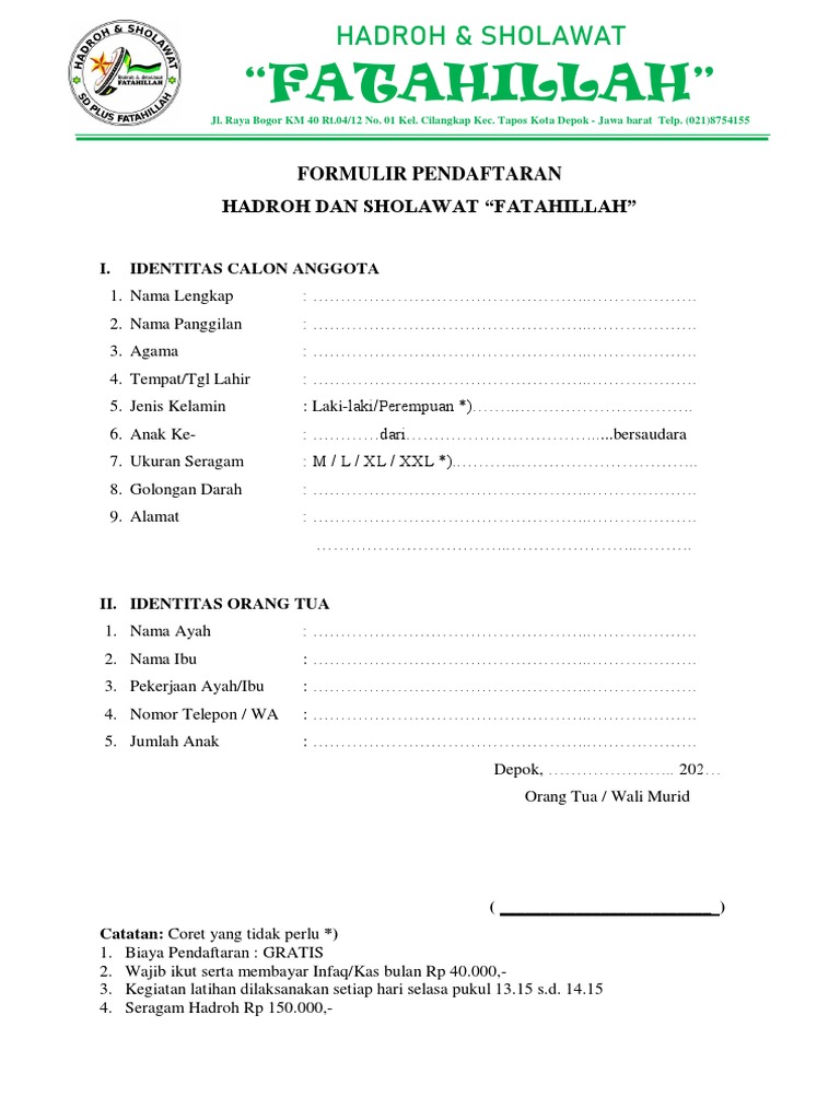 Formulir Pendaftaran Hadroh | PDF